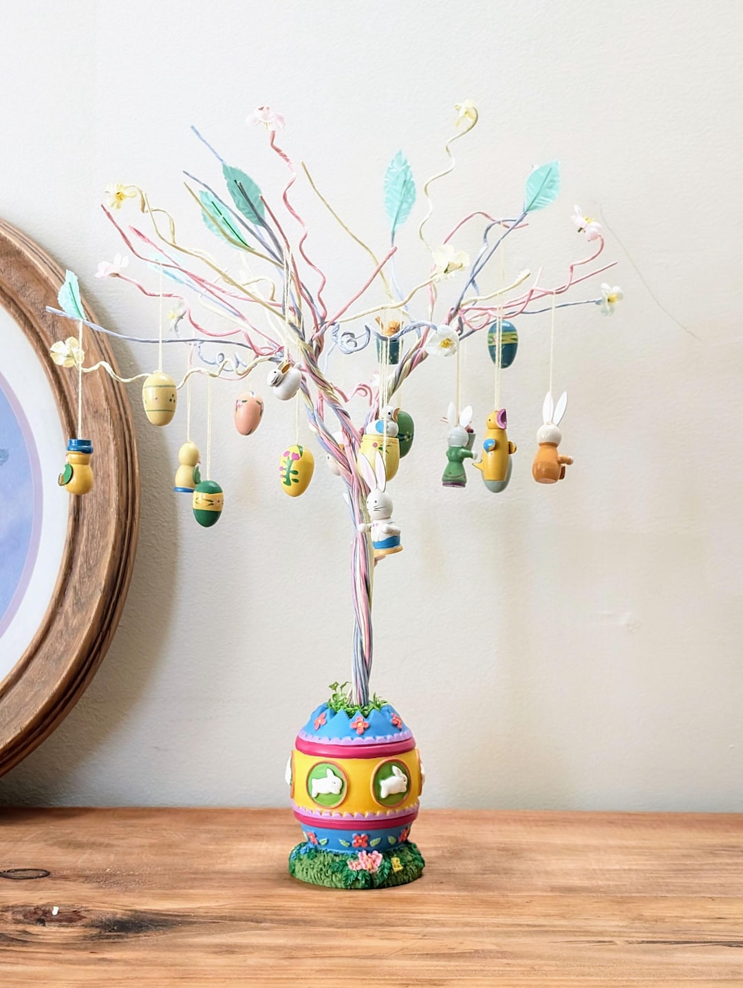 Vintage Easter Tree With Wooden Ornaments Colorful Spring Tree Tabletop ...