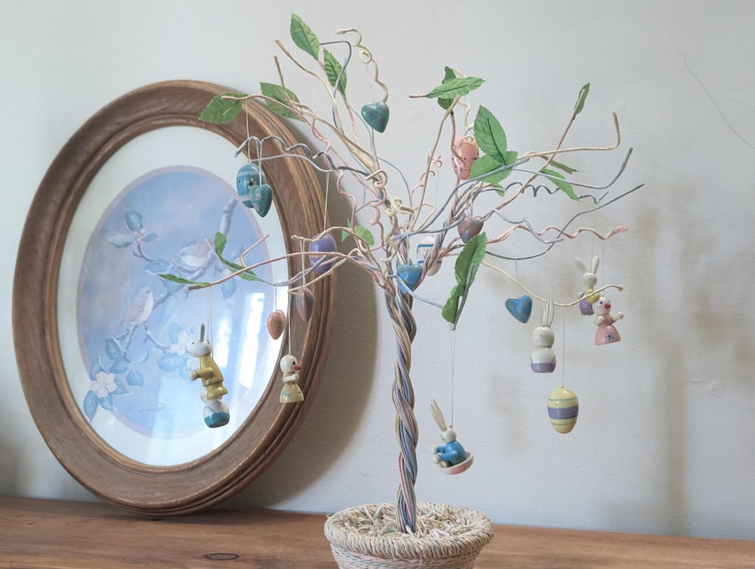 Vintage Easter Tree With Wooden Ornaments Colorful Spring Tree Tabletop ...