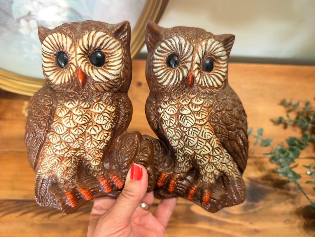 Vintage 70s Owls Pair of Foam Retro Wall Art Owls Kitsch Brown Owls Set ...