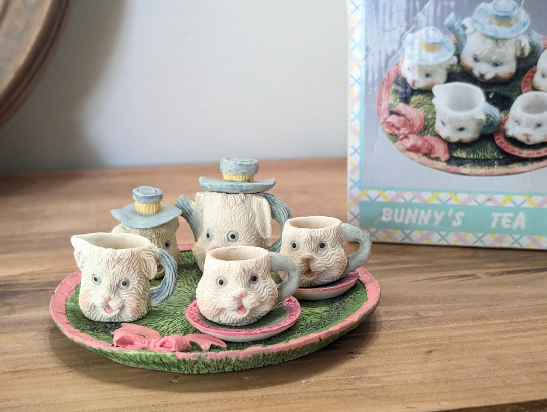 Vintage Bunny Mini Tea Set Miniature Tea Pot and Cups Girls Tea Set ...