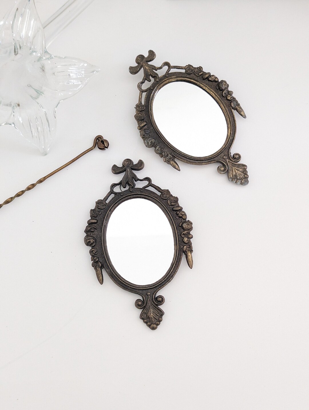 Vintage Ornate Brass Metal Small Mirror Set Made in Italy Filigree Oval ...