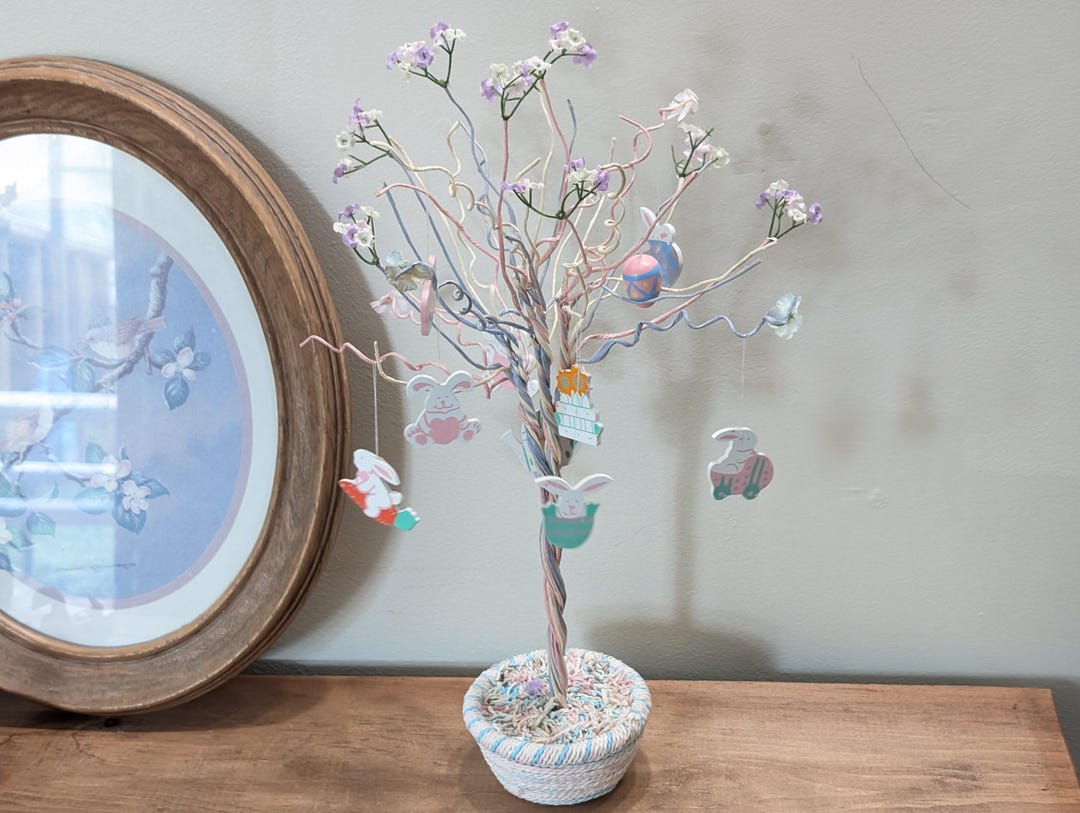 Vintage Easter Tree With Wooden Ornaments Colorful Spring Tree Tabletop ...
