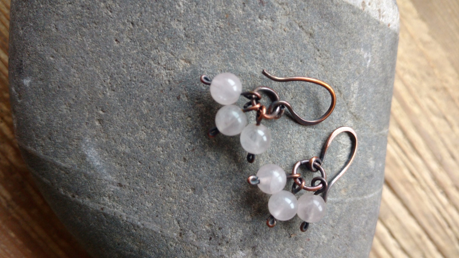 Rose Quartz Triple Drop Earrings Copper, Rose Quartz Earrings, Pink ...