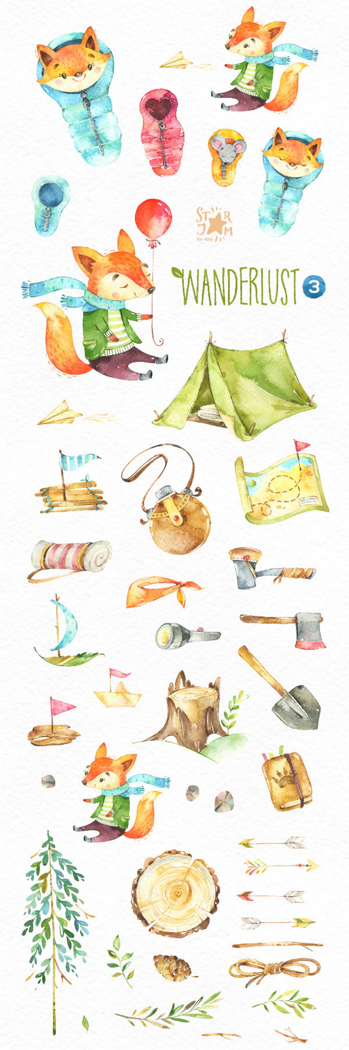 Wanderlust 3. Camp. Watercolor Animals Clipart, Fox, Mouse, Tent, Map ...