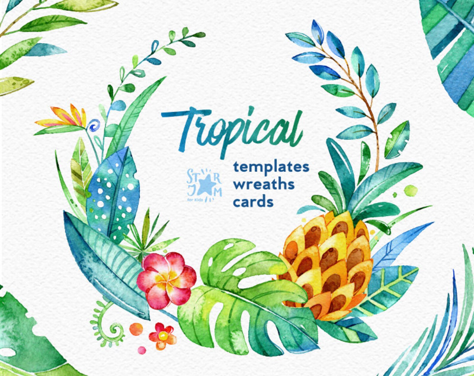 Tropical. Floral Wreaths, Cards, Template. Watercolour Clipart, Jungle ...