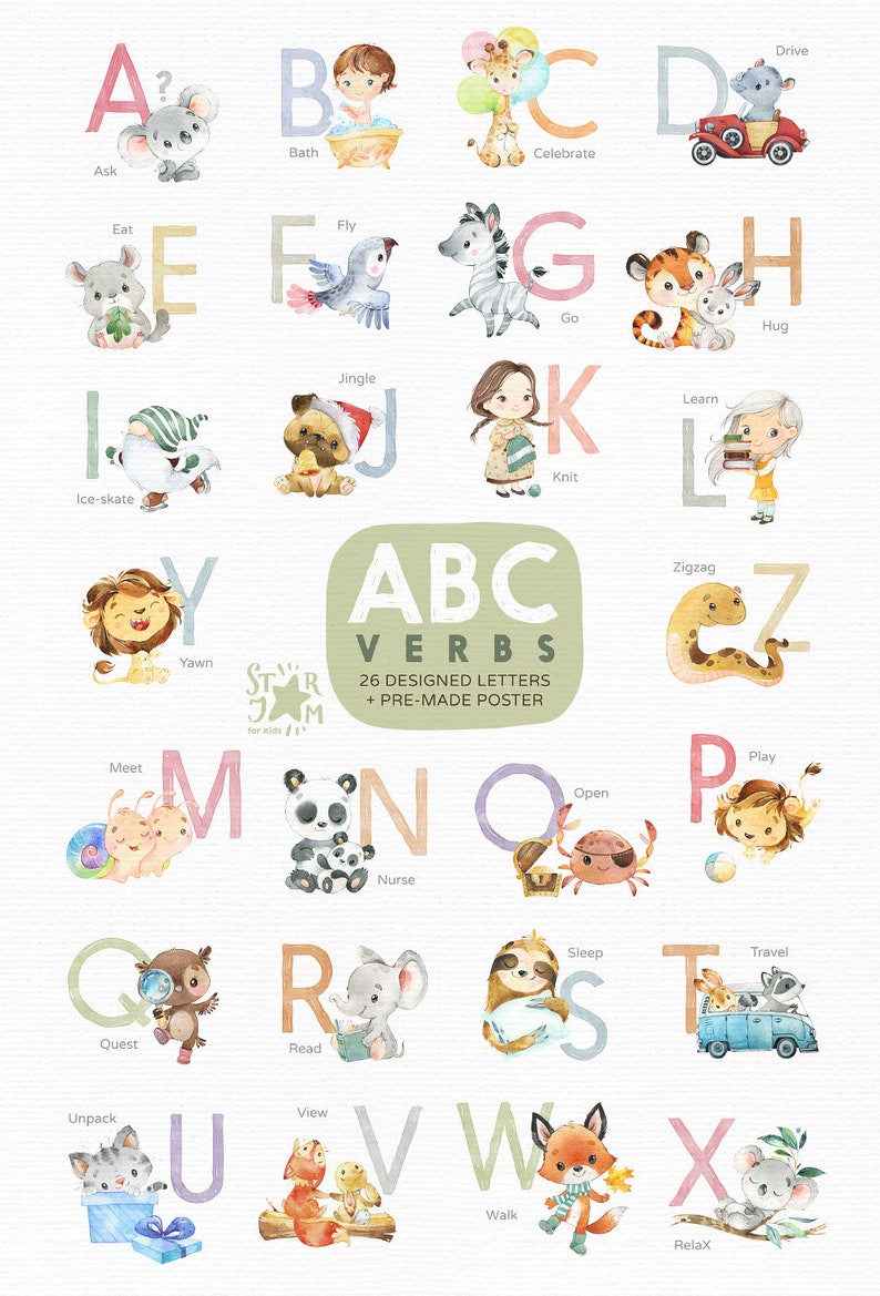 ABC Verbs. Watercolor Clipart, Alphabet, Animals, Letters, a to Z ...