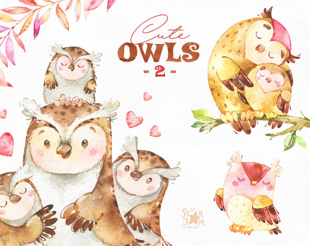 Cute Owls 2. Forest Birds Clip Art, Watercolor, Wreath, Florals ...