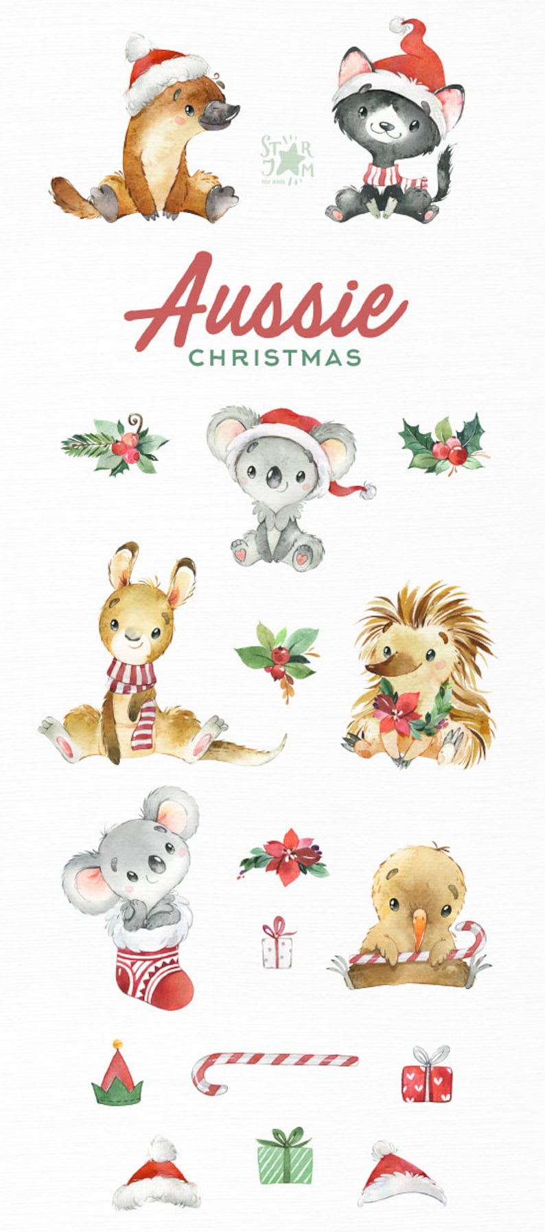 Aussie Christmas. Watercolor Australian Animals Clipart - Etsy