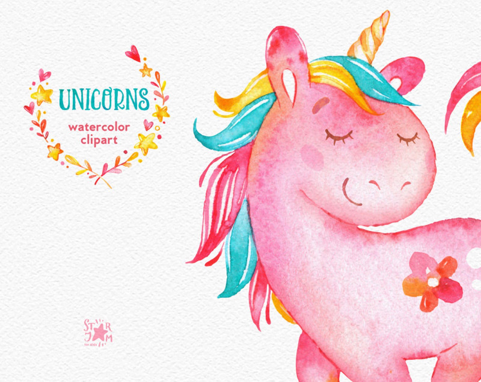 Unicorns. Watercolor Clip Art Rainbow Hearts Flowers - Etsy