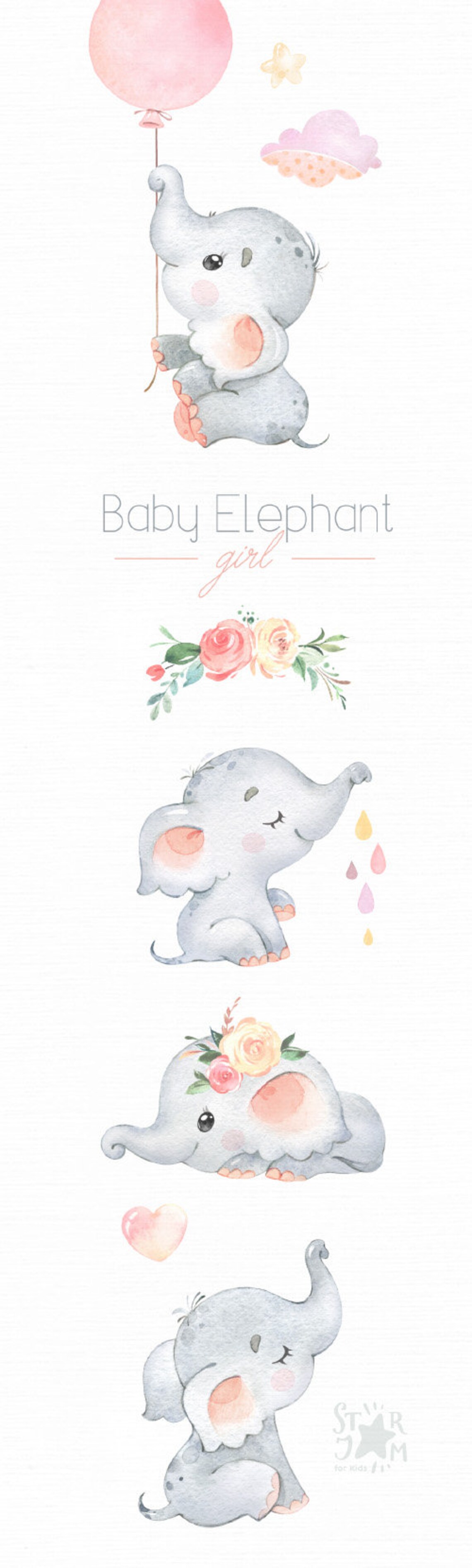 Baby Elephant. Girl. Watercolor Little Animal Clipart Fly - Etsy
