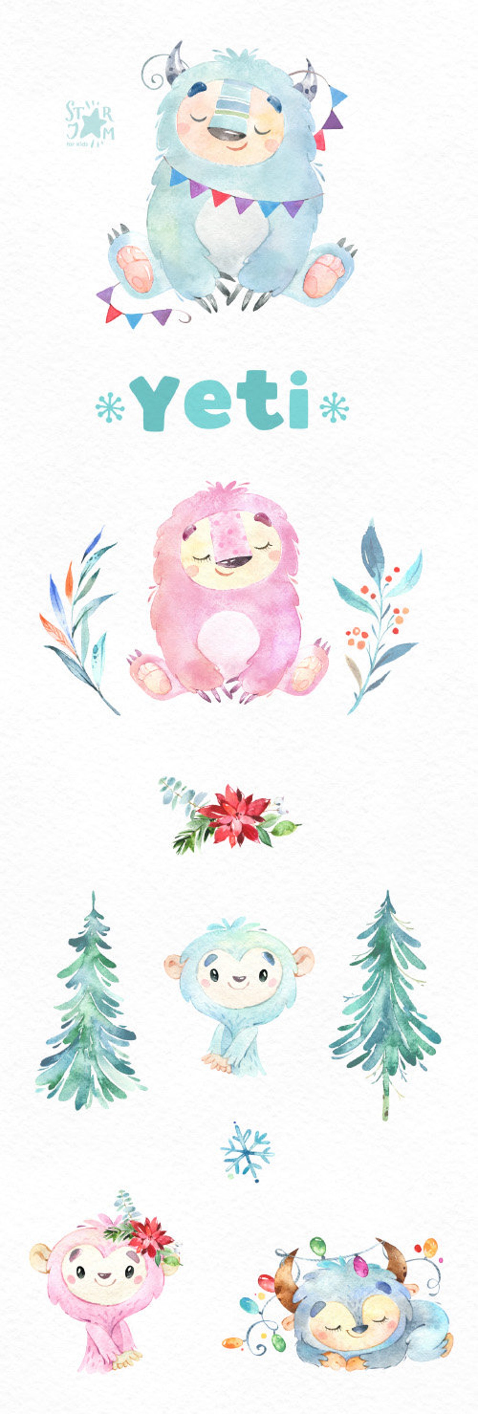Yeti. Watercolor Clipart Mother & Baby Christmas Fantasy - Etsy