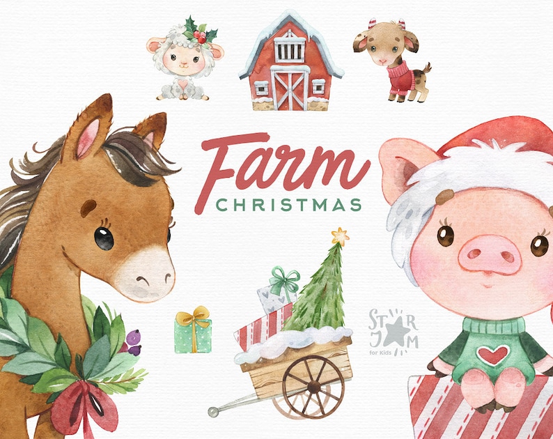 Farm Christmas. Little Animals Watercolor Clip Art Horse - Etsy