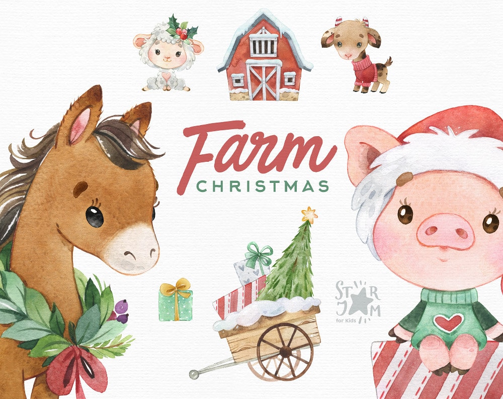Farm Christmas. Little Animals Watercolor Clip Art Horse - Etsy