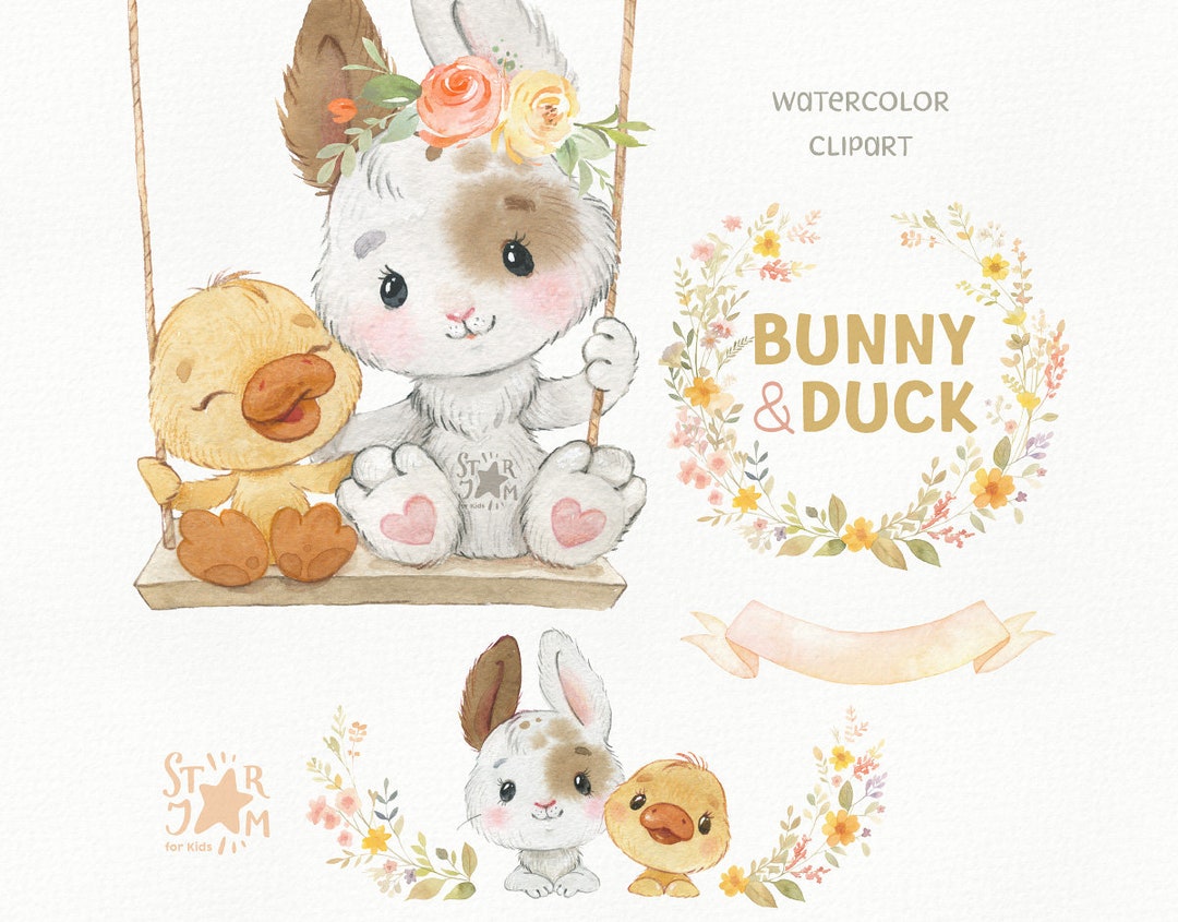 Bunny & Duck. Animals Watercolor Clipart, Flowers, Wreath, Woodland ...