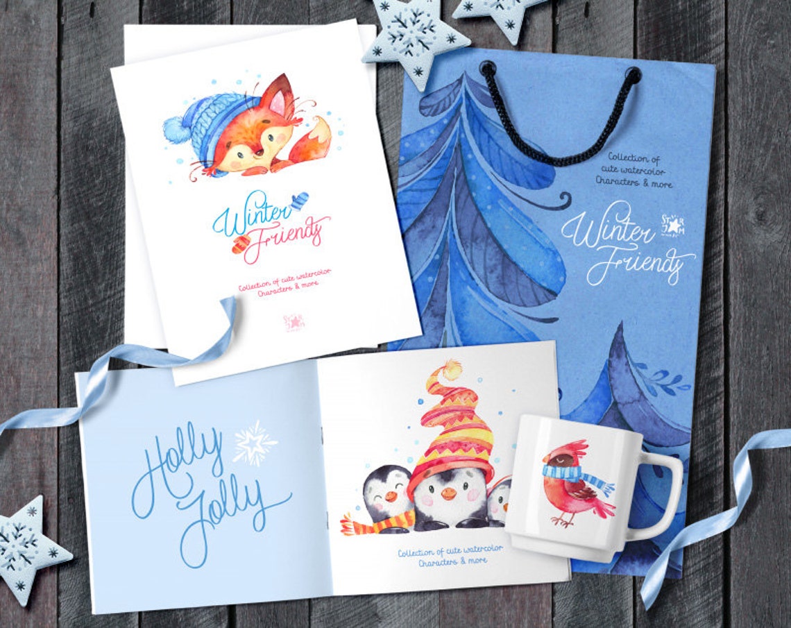 Winter Friends. Collection of Watercolor Characters, Penguin, Fox ...