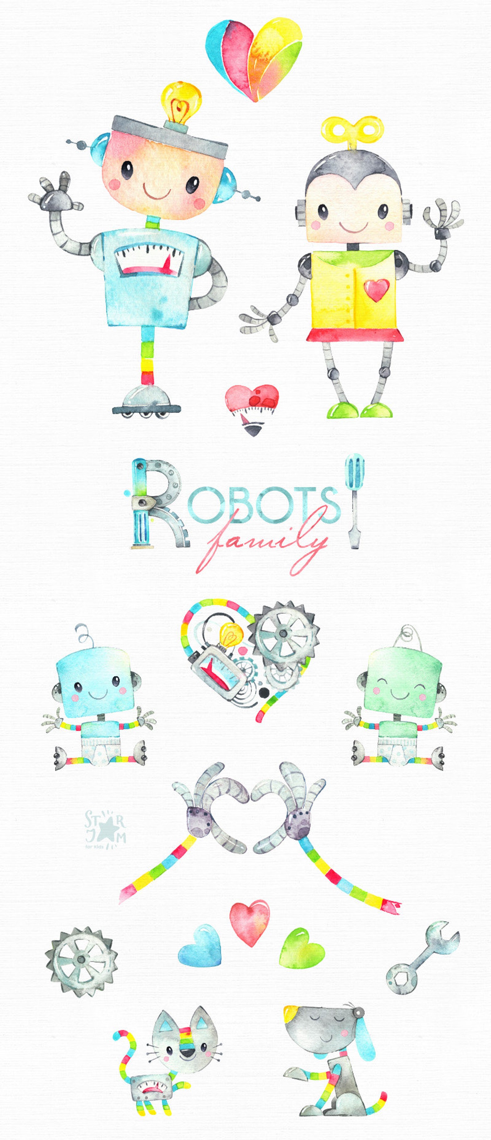 Robots Family. Watercolor vintage clipart retro kids dog | Etsy