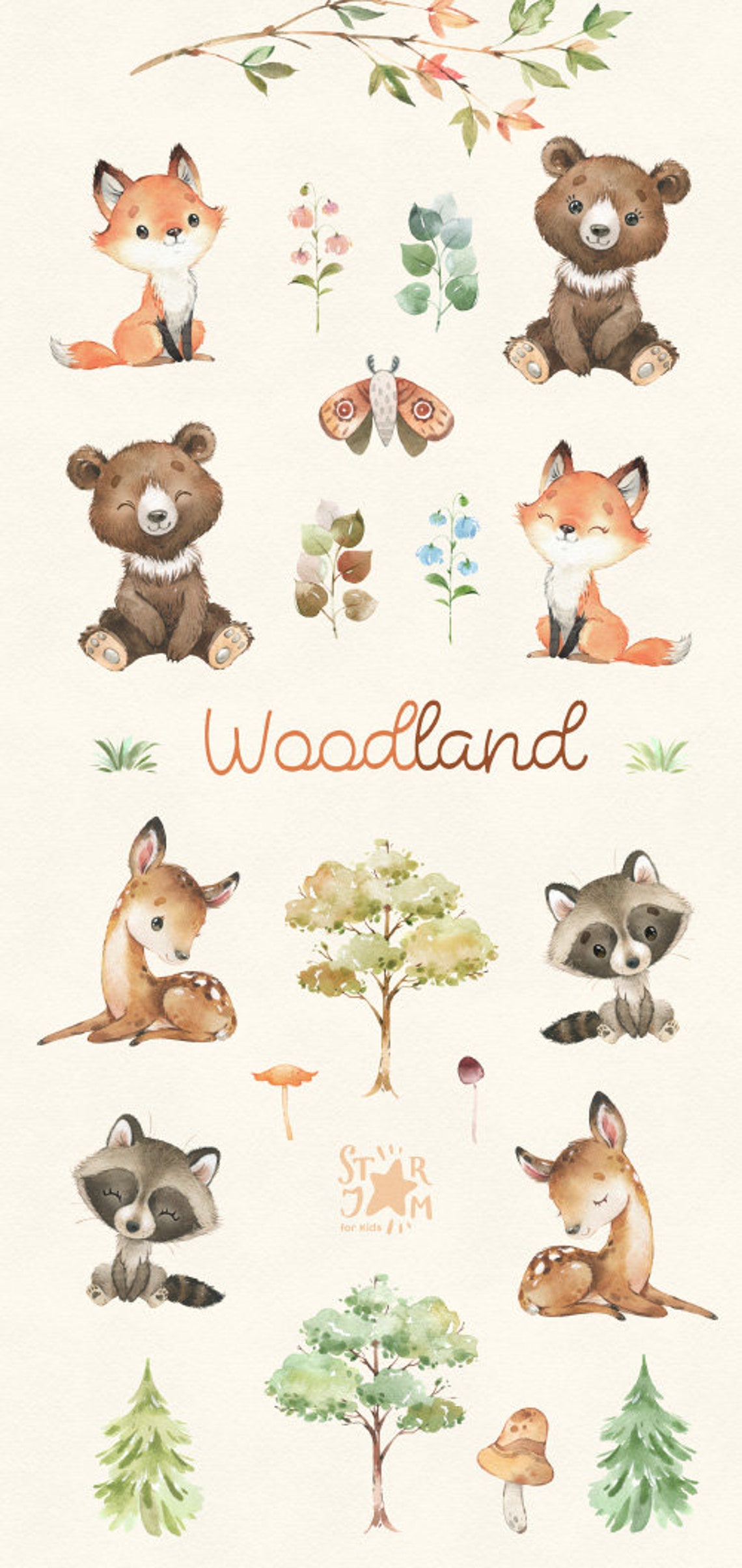 Woodland. Little Animals Watercolor Clip Art Fox Bear Deer - Etsy