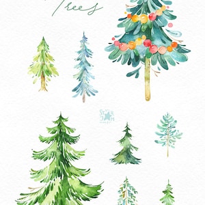 Christmas Trees 2. 16 Watercolor Holiday Clipart, Winter, Vintage, Pine ...