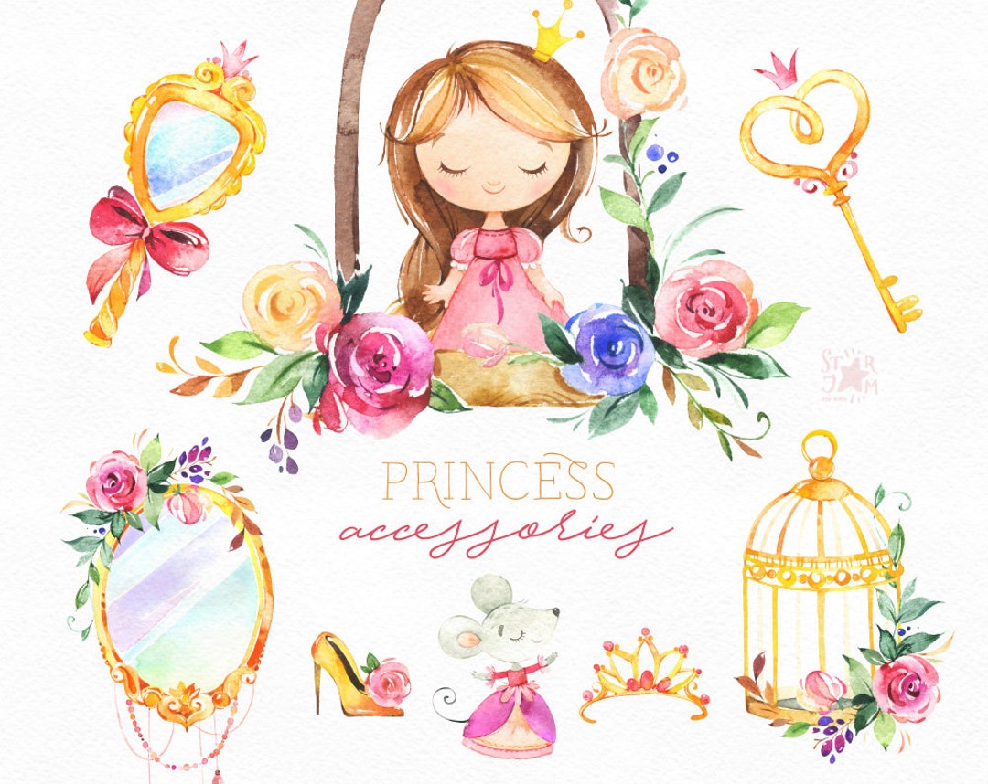 Princess Accessories. Watercolor Fairytale Clipart, Royal Girl, Mirror ...
