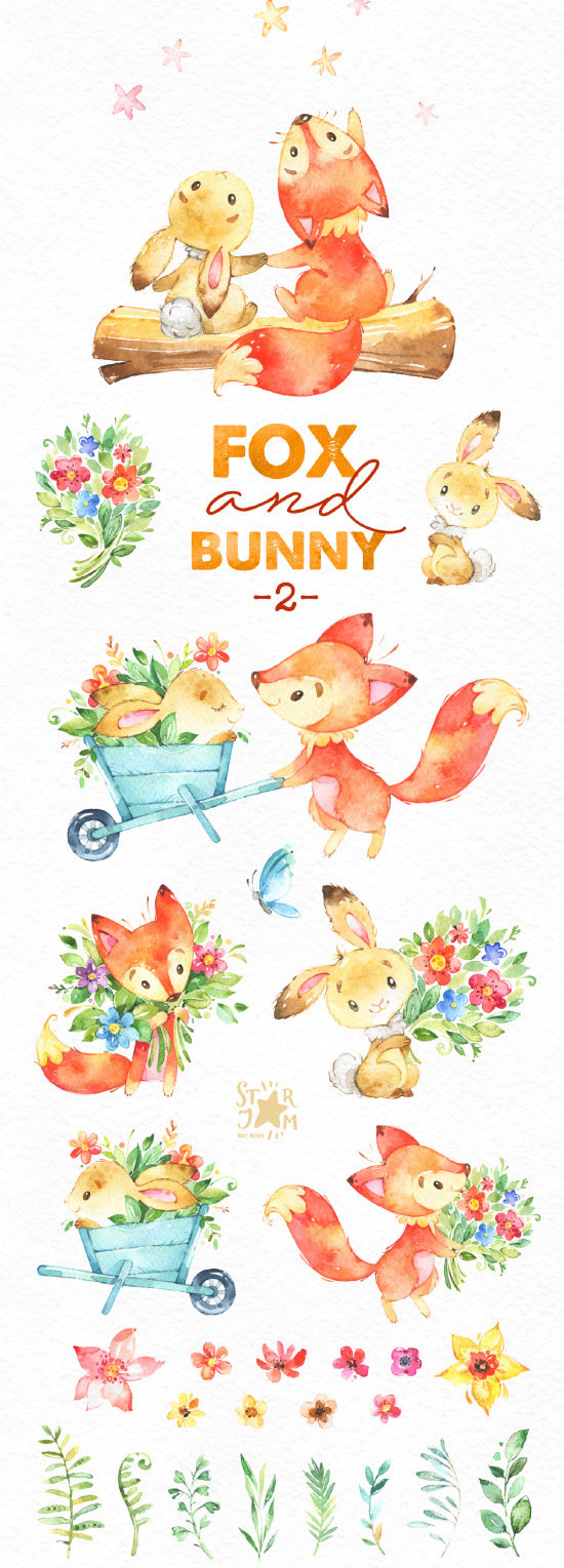 Fox and Bunny 2. Friends and Flowers Watercolor Animal | Etsy