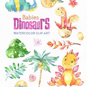 Dinosaurs Babies. Watercolor Clip Art, Characters, Cute, Palm, Floral ...