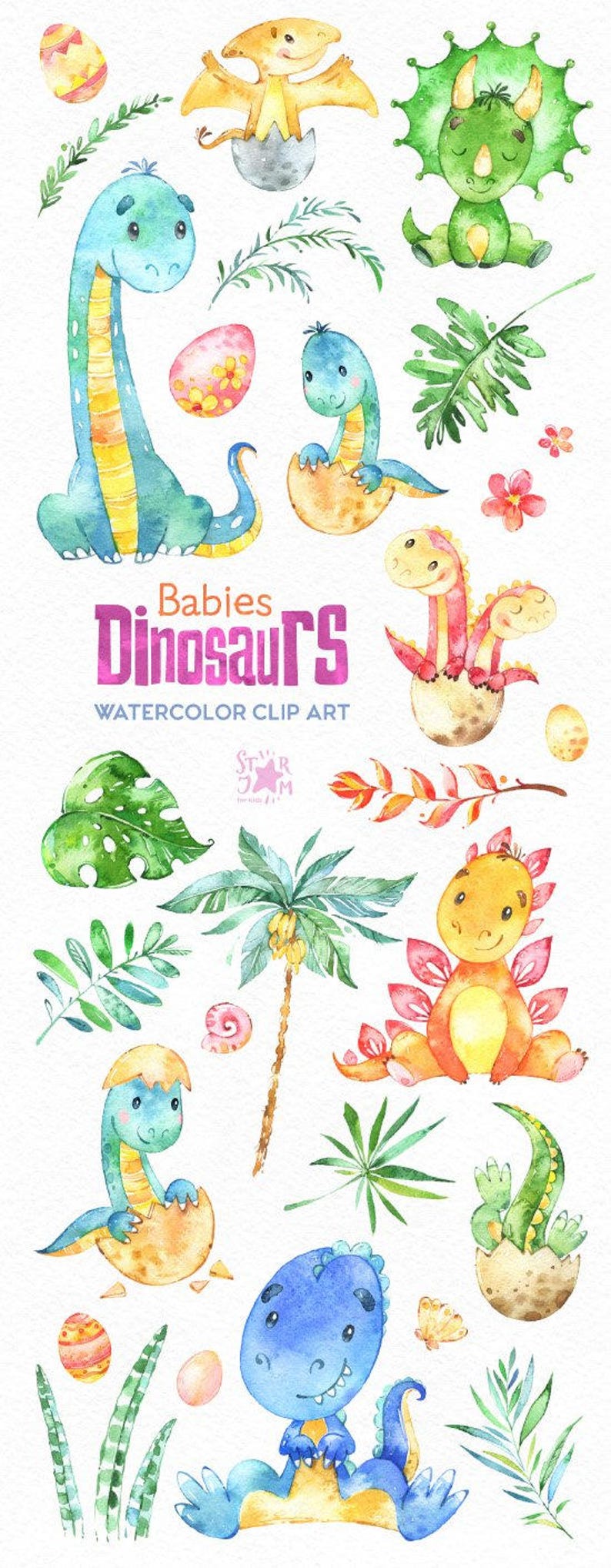 Dinosaurs Babies. Watercolor clip art characters cute palm | Etsy