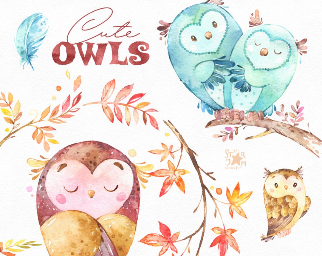 Cute Owls. Forest Birds Clip Art, Watercolor, Wreath, Florals, Greeting ...