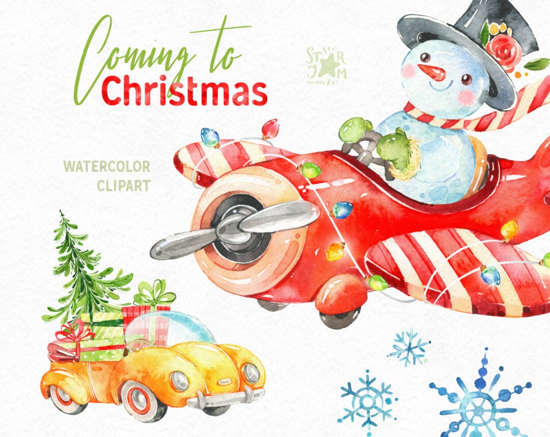 Coming to Christmas. Watercolor Holiday Clipart, Snowman, Winter, Car ...