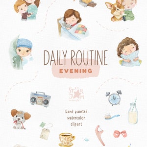 Daily Routine. Evening. Watercolor Hand-painted Clipart, Reading ...