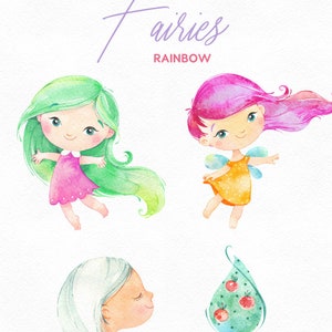Rainbow Fairies. Watercolor Magic Clipart, Little Girls, Hairs ...