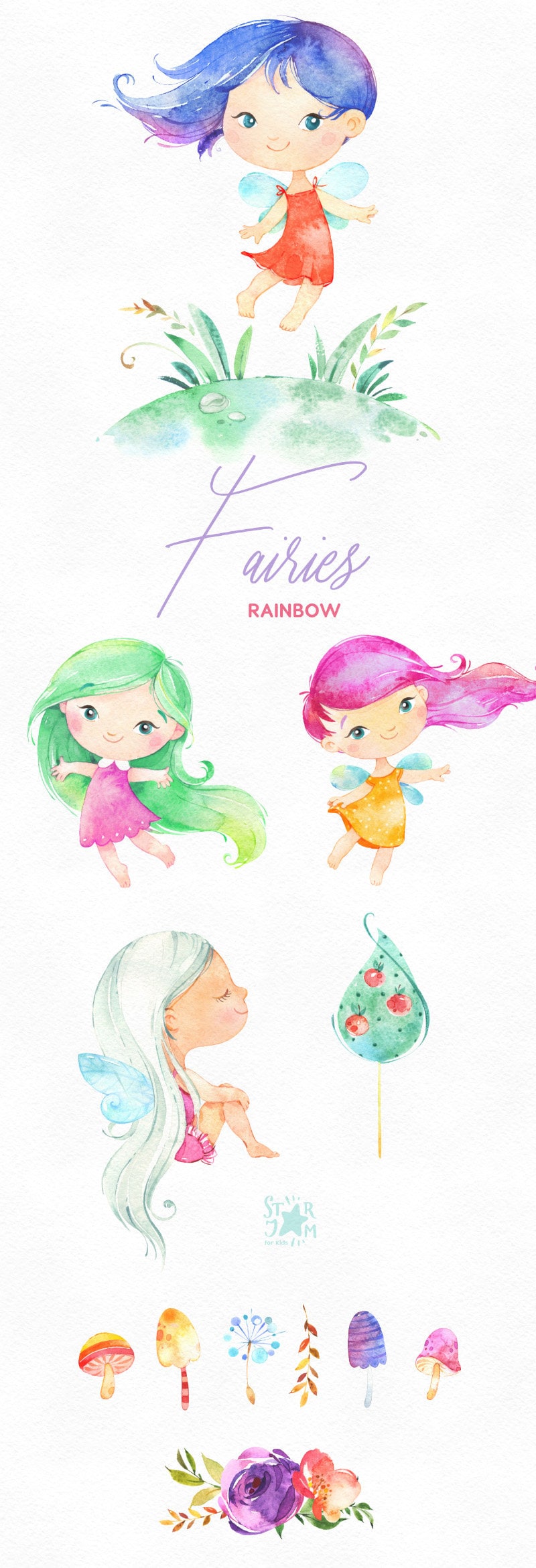 Rainbow Fairies. Watercolor Magic Clipart Little Girls - Etsy