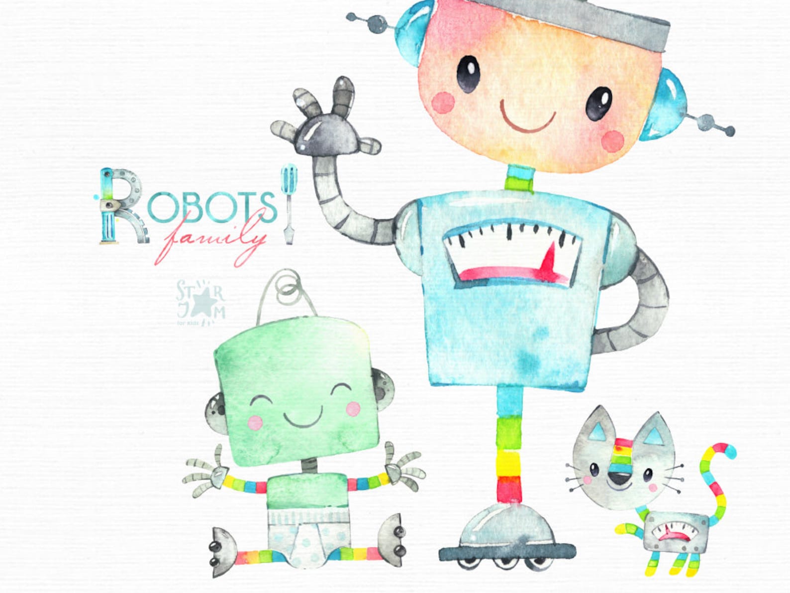 Robots Family. Watercolor vintage clipart retro kids dog | Etsy
