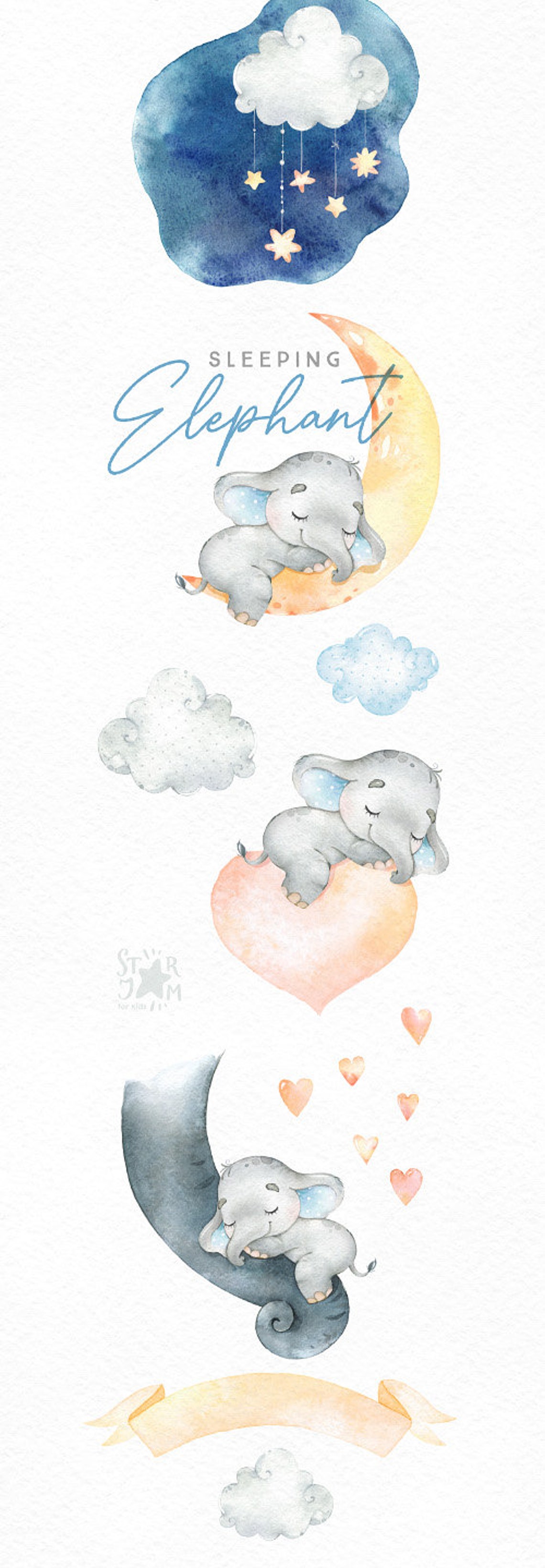 Sleeping Elephant. Babyboy. Watercolor Little Animal Clipart - Etsy