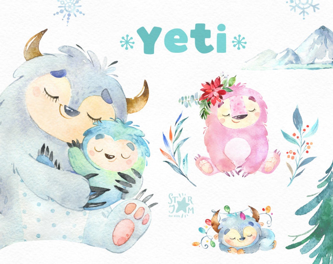 Yeti. Watercolor Clipart Mother & Baby Christmas Fantasy - Etsy