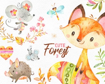 Woodland Friends 3. Watercolor Animals Clipart Fox Forest | Etsy