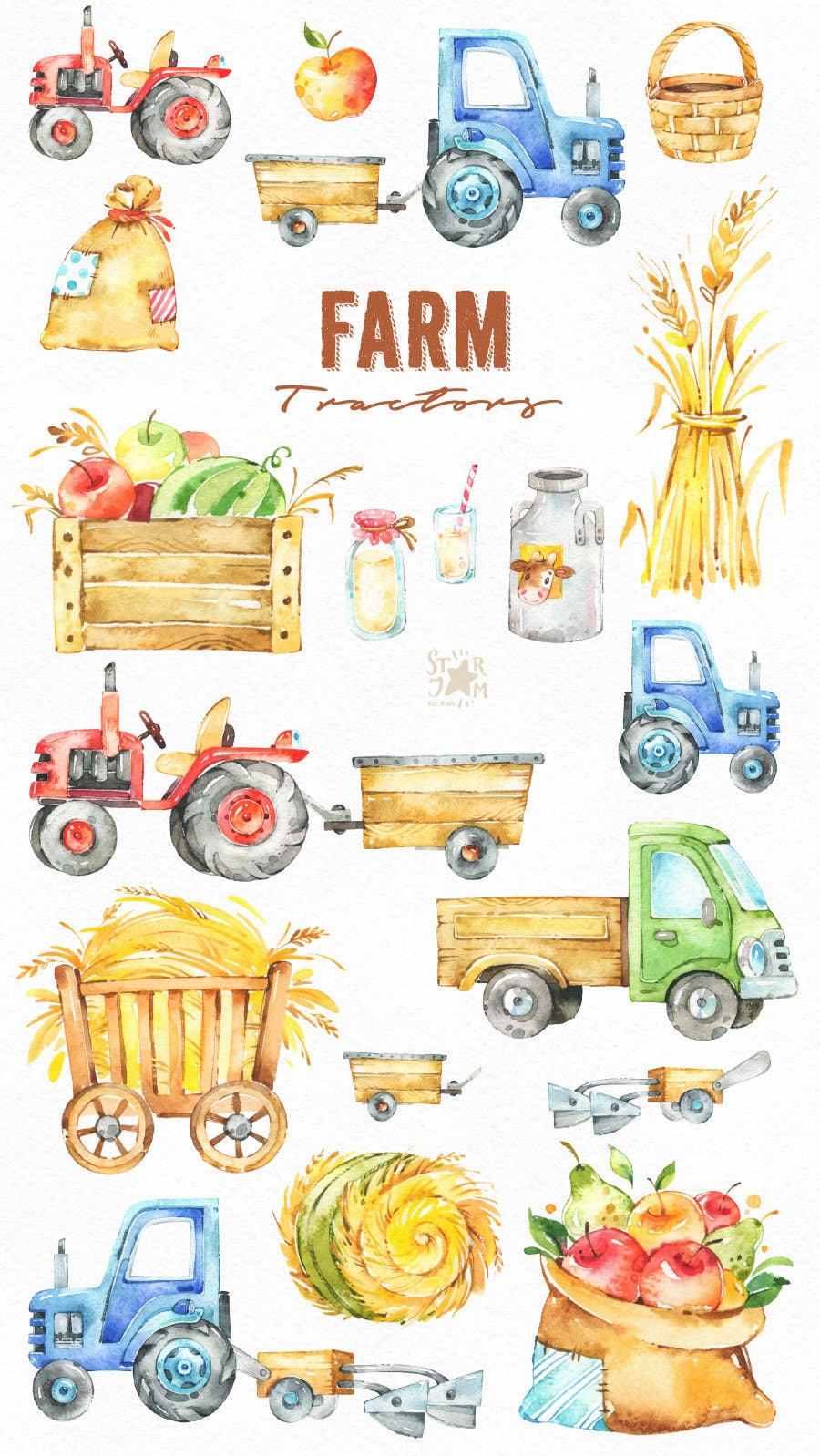 Farm. Tractors. Watercolor Clipart Fruits Household | Etsy