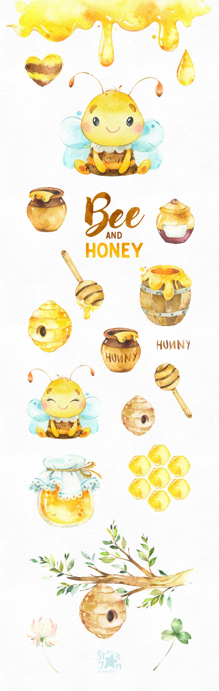 Bee & Honey. Watercolor Clipart Wreath Pot of Honey - Etsy