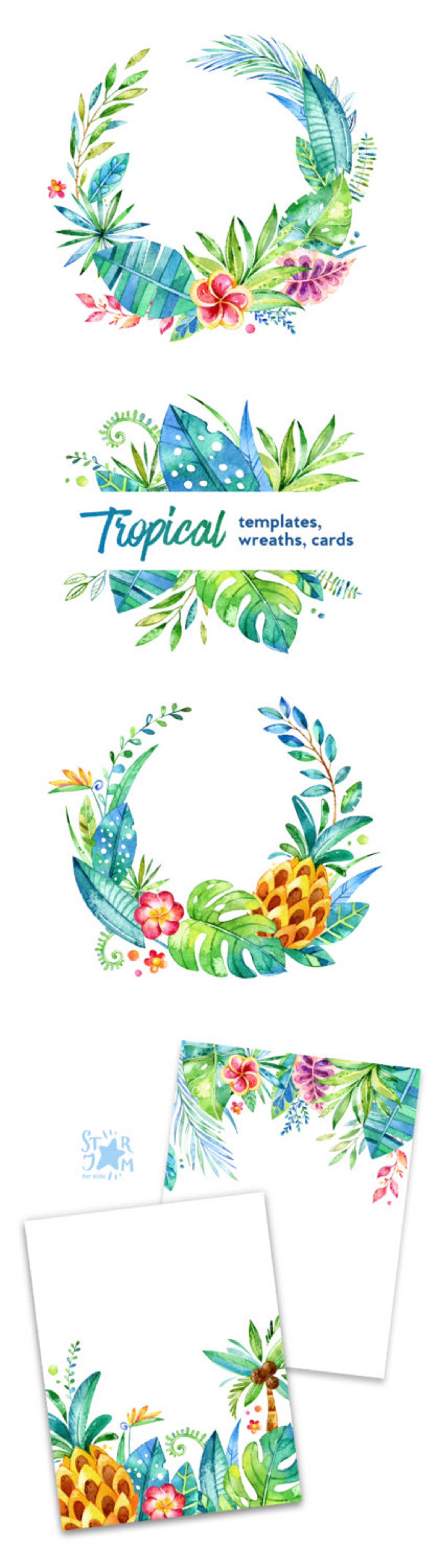 Tropical. Floral Wreaths, Cards, Template. Watercolour Clipart, Jungle ...