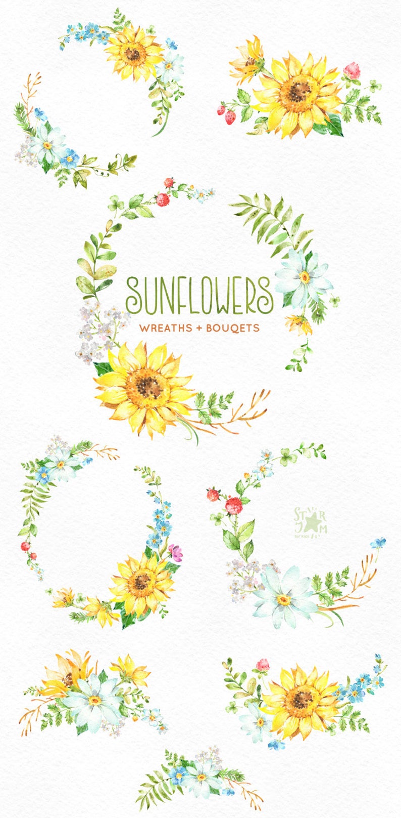 Sunflowers. Wreaths & Bouquets. Watercolor Flowers Clipart | Etsy