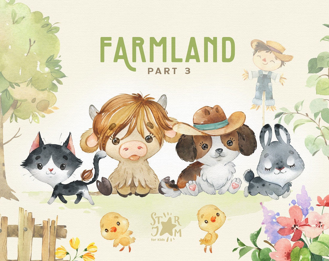 Farmland 3. Watercolor Country Clipart Cow Cat Dog Rabbit - Etsy