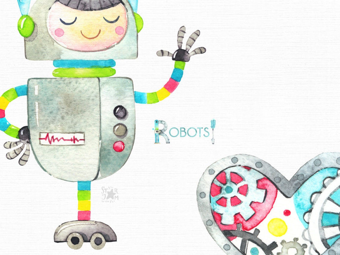 Robots. Watercolor Vintage Clipart Retro Kids Boys | Etsy