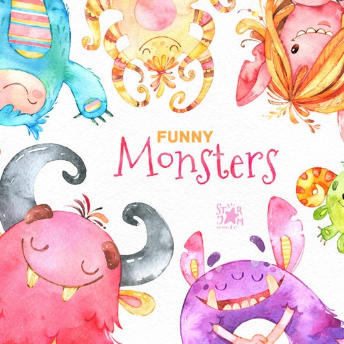 Funny Monsters. Watercolor Clip Art Cute Characters Happy - Etsy