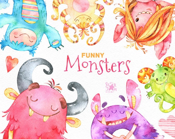 Funny Monsters. Watercolor clip art cute characters happy | Etsy