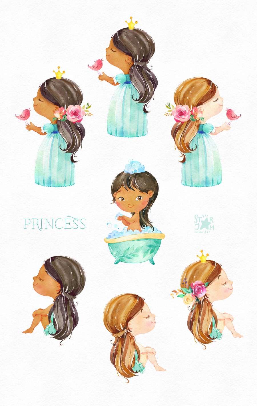 Princess. Watercolor Fairytale Clipart Royal Girl Brown | Etsy