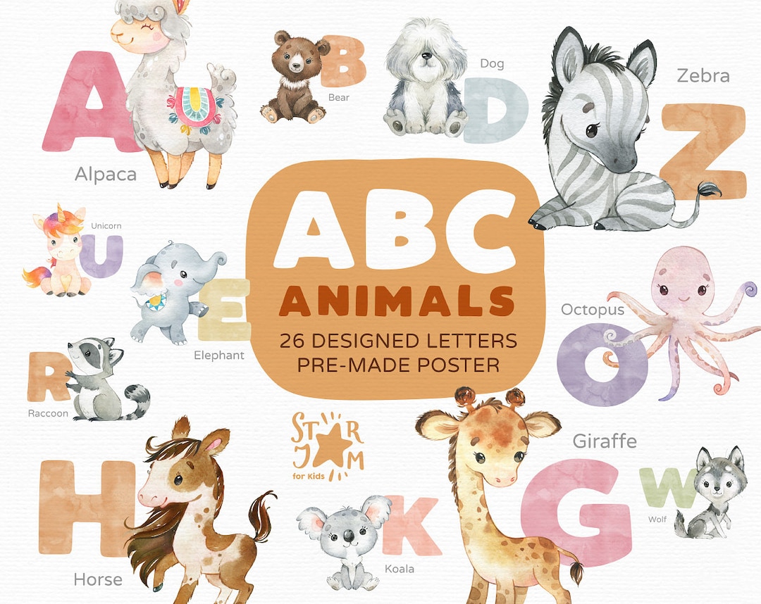 ABC Animals. Watercolor Clipart, Alphabet, Letters, a to Z Card, Abc ...