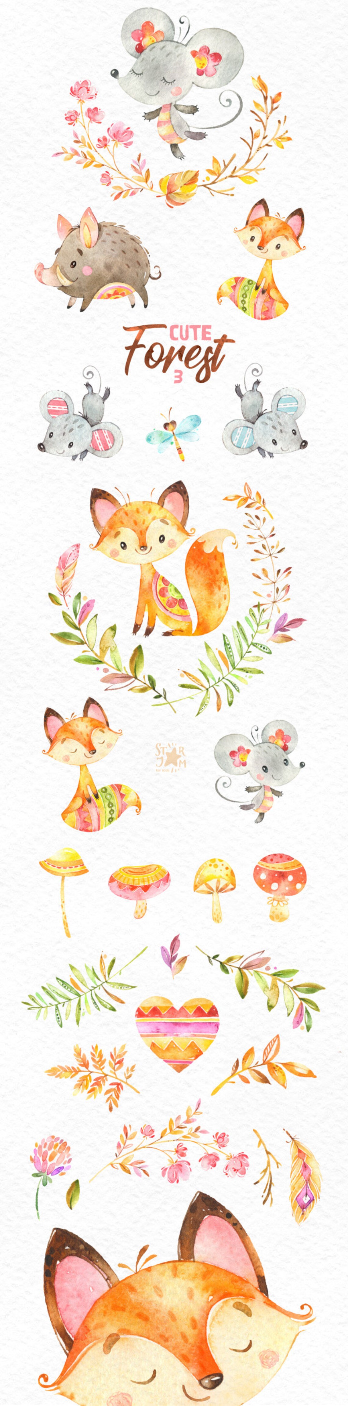 Cute Forest 3. Watercolor Little Animals Clipart Fox Mouse - Etsy