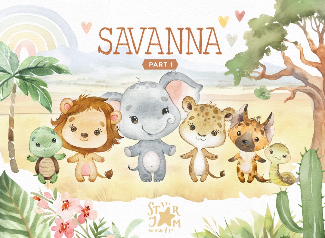 Savanna Pt.1 Cute Animals. Watercolor Clipart, African, Elephant ...