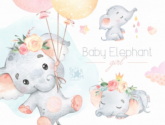 Baby Elephant. Girl. Watercolor Little Animal Clipart Fly - Etsy