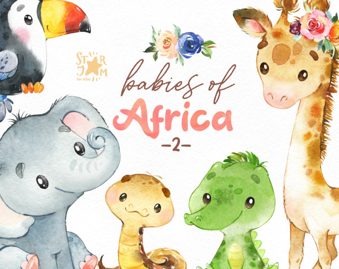 Babies of Africa 2. Watercolor Animals Clipart, Elephant, Giraffe, Bird ...