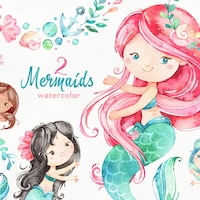 Mermaids 2. Watercolor Clipart, Sea, Girls, Magic, Fairytale, Wreath ...